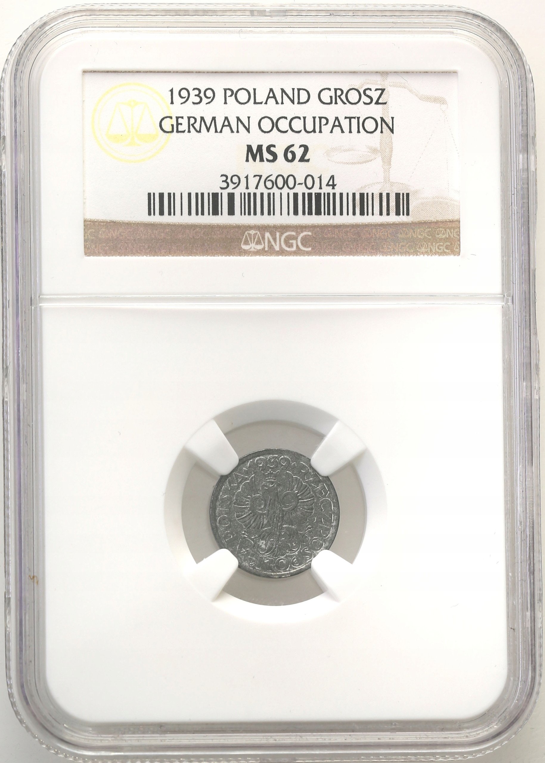 Generalna Gubernia 1 grosz 1939 cynk NGC MS62 | archiwum.niemczyk.pl