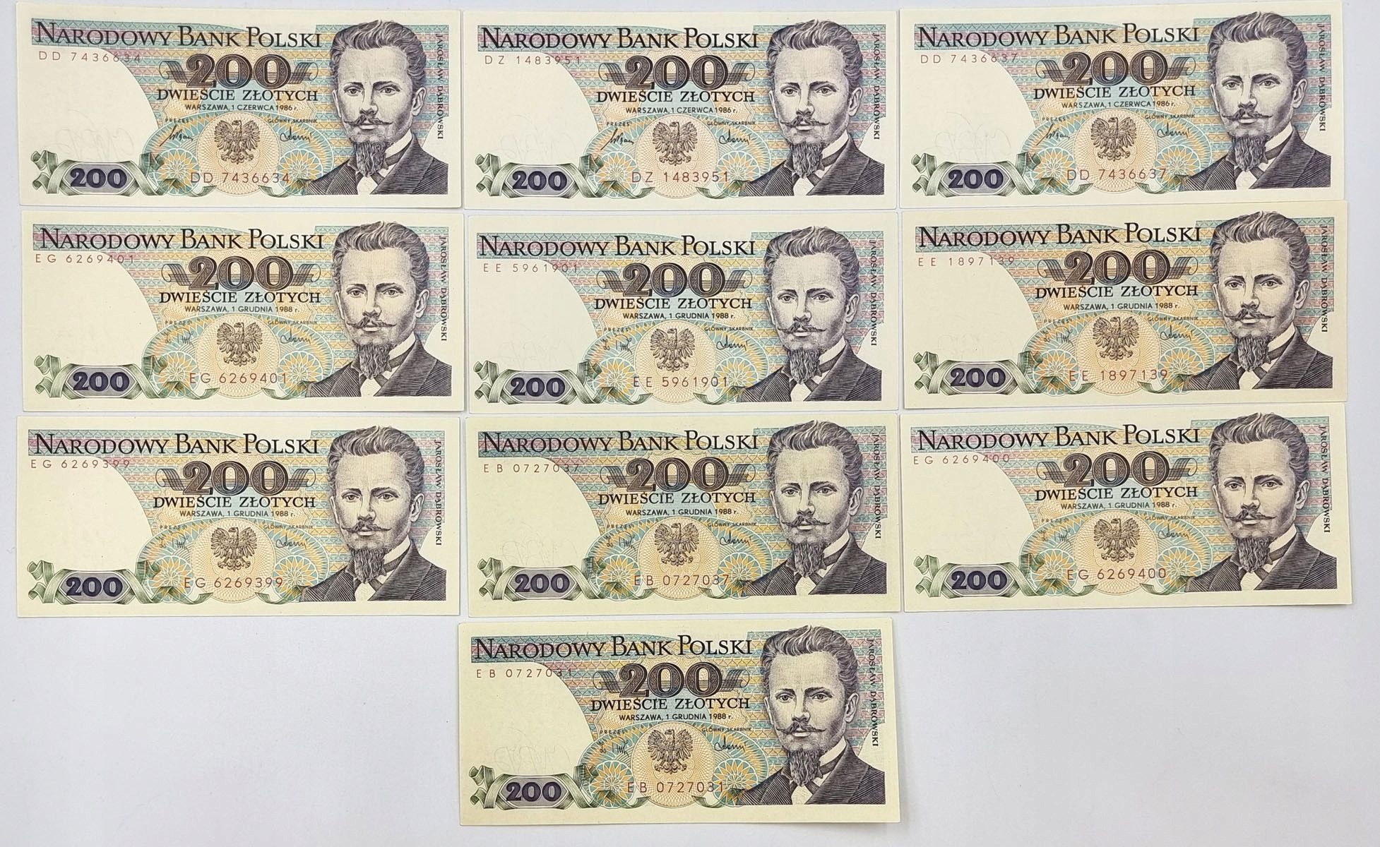 Banknoty 200 złotych 1986-1988, zestaw 10 sztuk | archiwum.niemczyk.pl