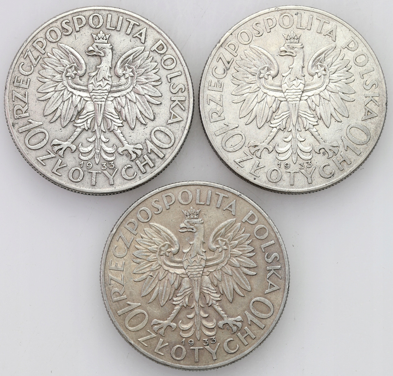 II RP. 10 złotych 1933, głowa kobiety, 3 szt. - SREBRO | archiwum.niemczyk.pl
