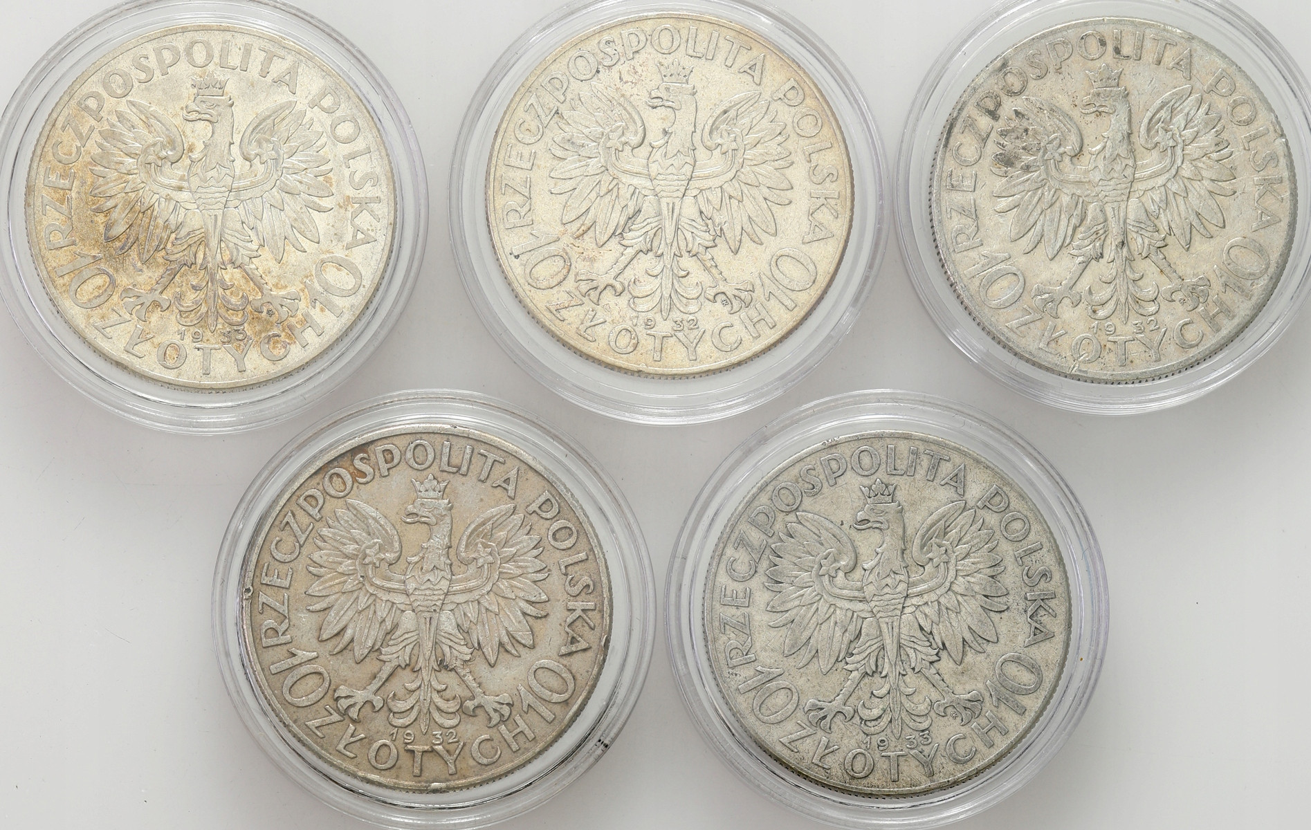 II RP. 10 złotych 1932 – 1933 głowa kobiety, zestaw 5 sztuk - SREBRO | archiwum.niemczyk.pl