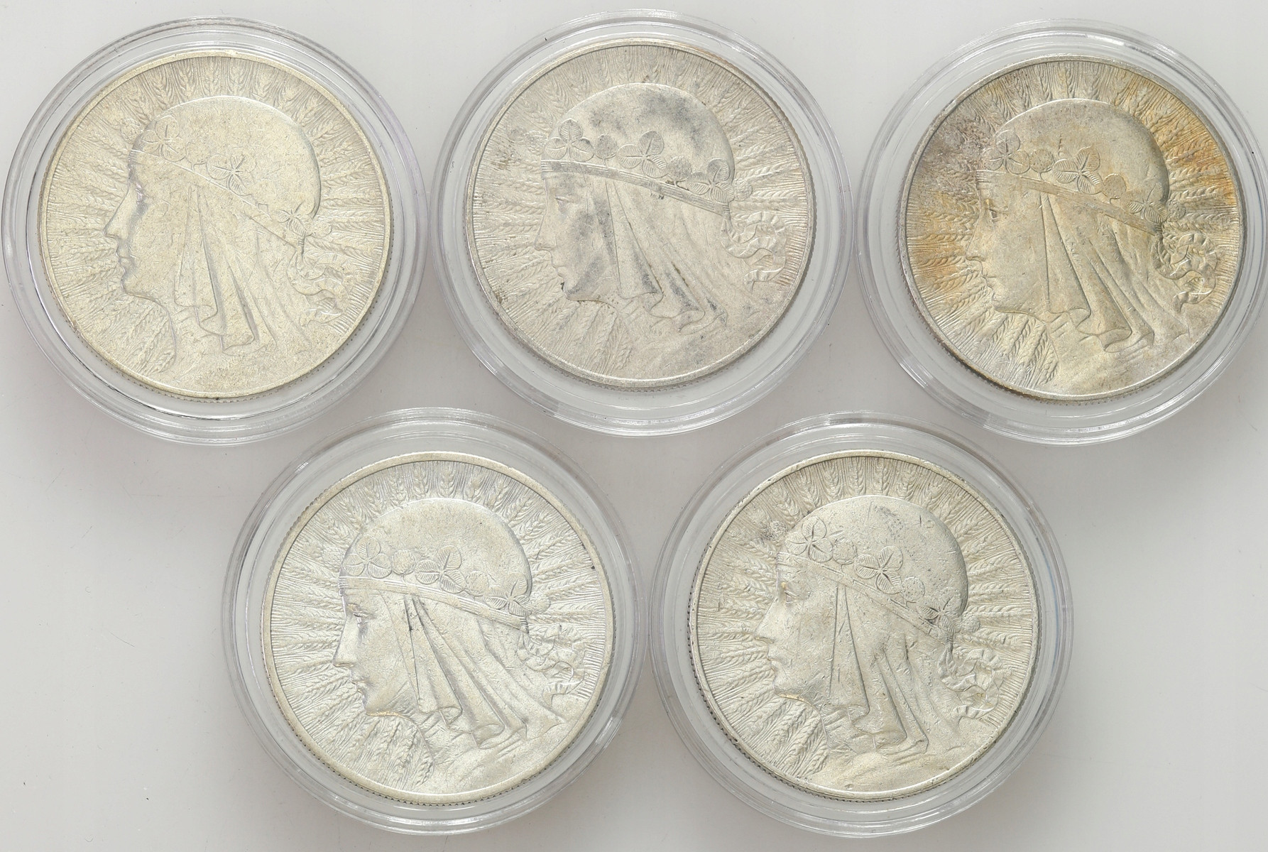 II RP. 10 złotych 1932 – 1933 głowa kobiety, zestaw 5 sztuk - SREBRO | archiwum.niemczyk.pl