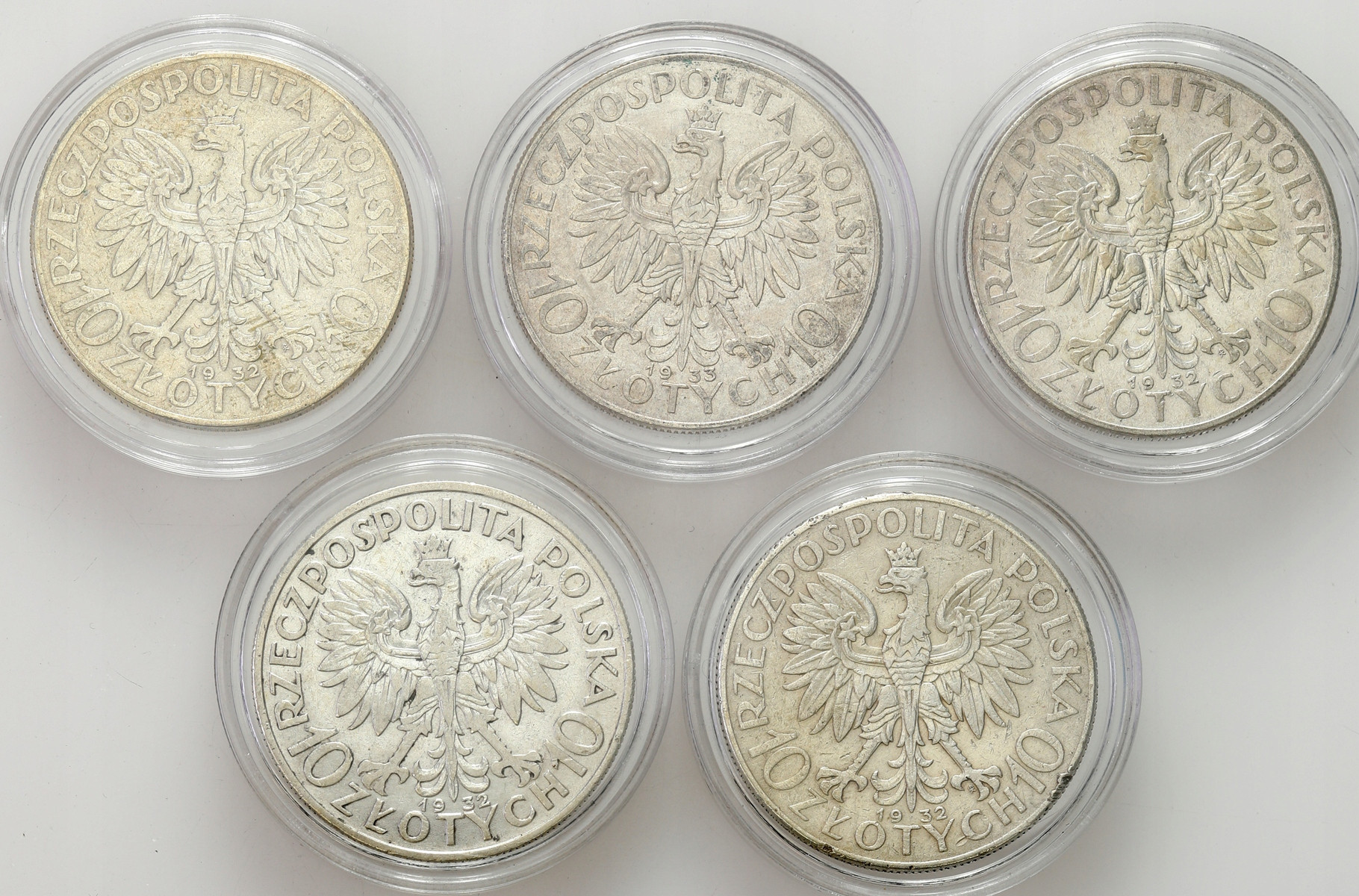 II RP. 10 złotych 1932 – 1933 głowa kobiety, zestaw 5 sztuk - SREBRO | archiwum.niemczyk.pl