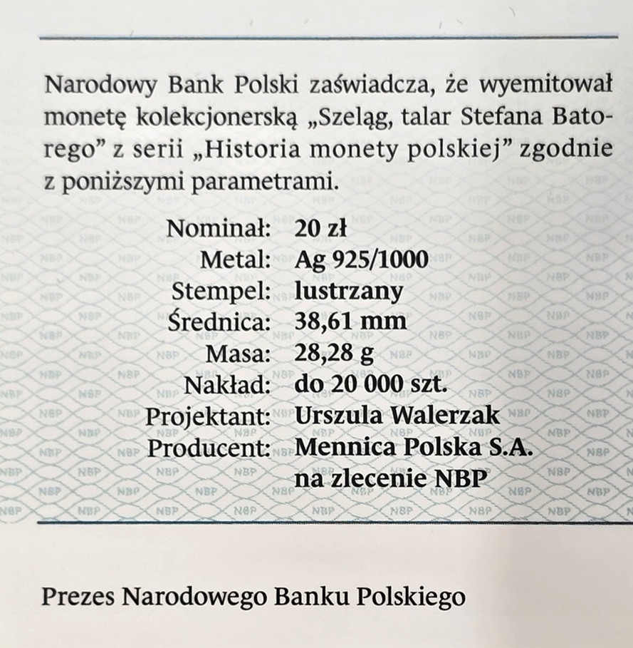 20 złotych 2016 TALAR 1580 Batory – SREBRO | archiwum.niemczyk.pl