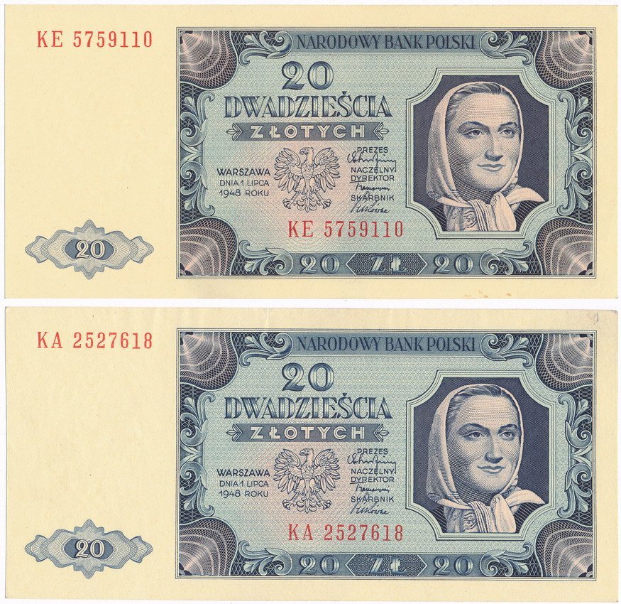 Banknoty Zestaw 2 x 20 złotych 1948 | archiwum.niemczyk.pl