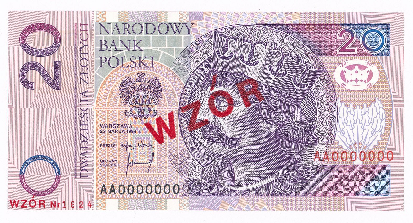 Banknot. 20 złotych Bolesław Chrobry 25.03.1994 seria AA WZÓR/SPECIMEN ...