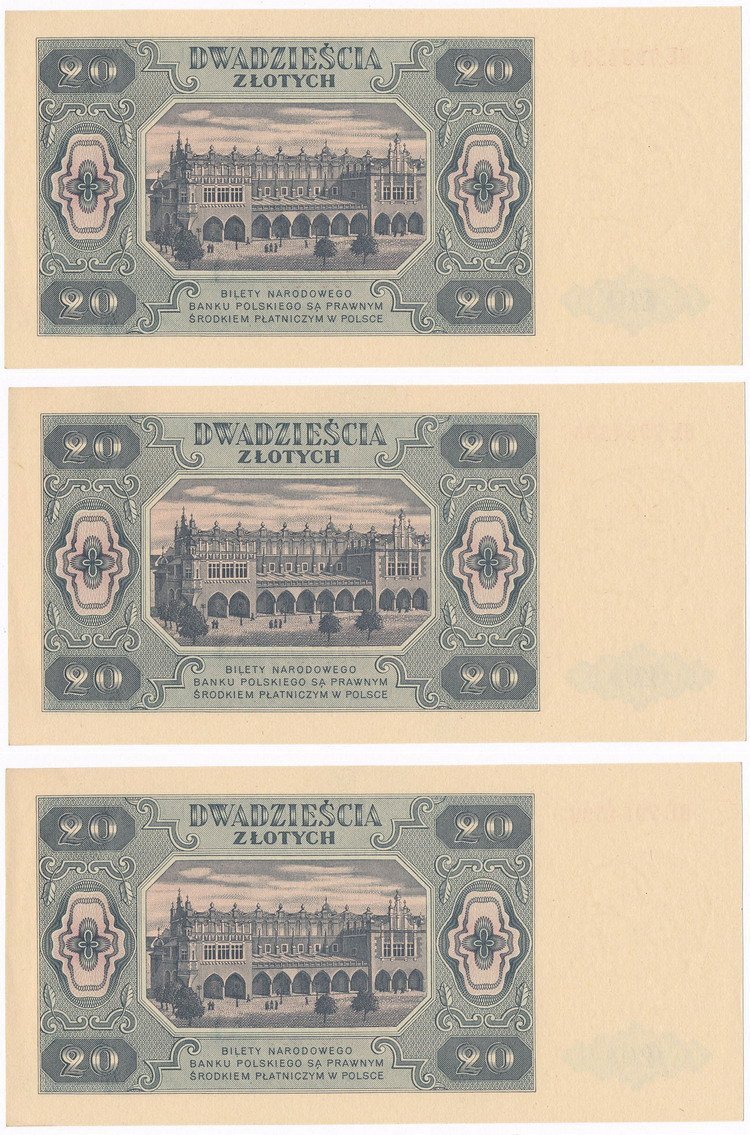 Banknoty. 20 złotych 1948 seria BE lot 3 sztuk | archiwum.niemczyk.pl