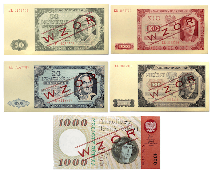 Wzory banknotów polskich 1948 i 1966, zestaw 5 banknotów w klaserze ...
