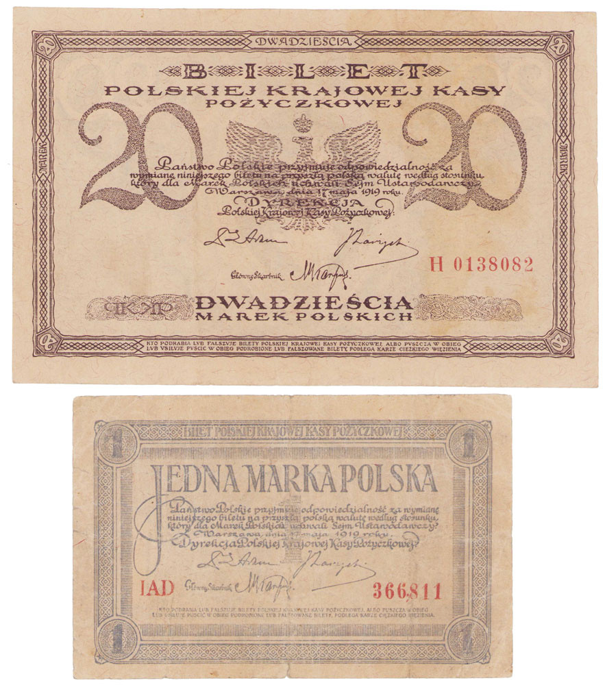 1 marka polska 1919 seria IAD i 20 marek polskich 1919 seria H ...