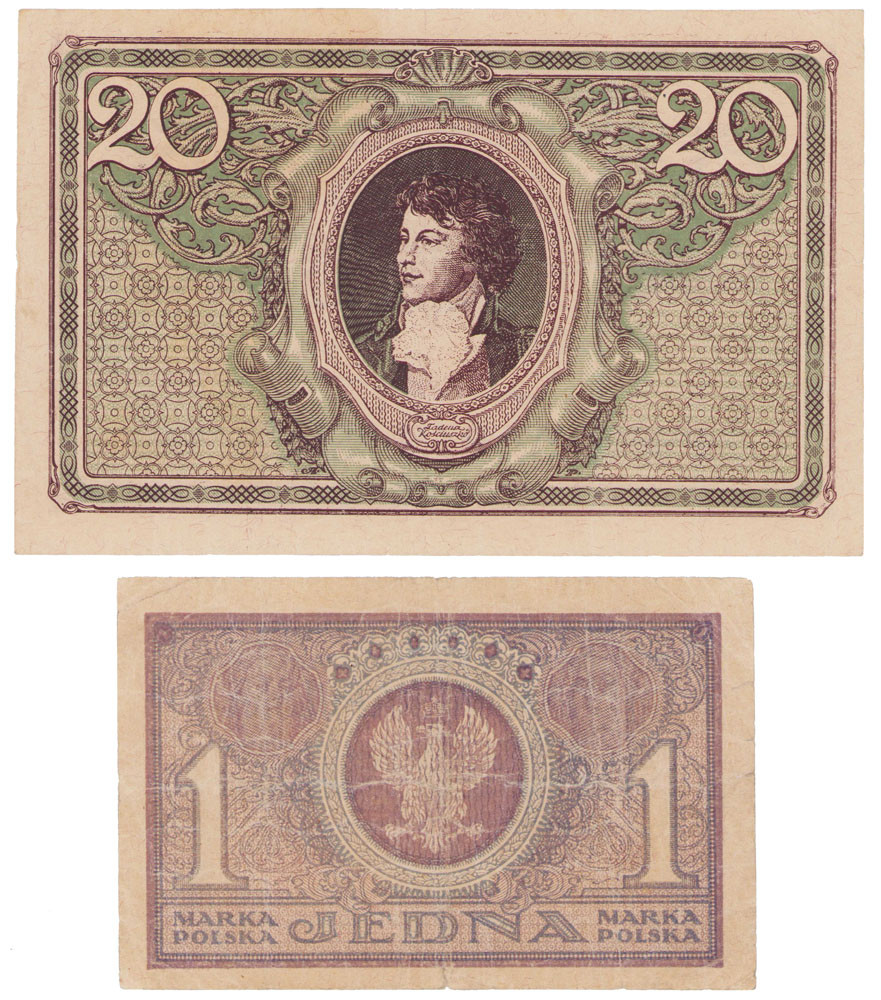 1 marka polska 1919 seria IAD i 20 marek polskich 1919 seria H ...
