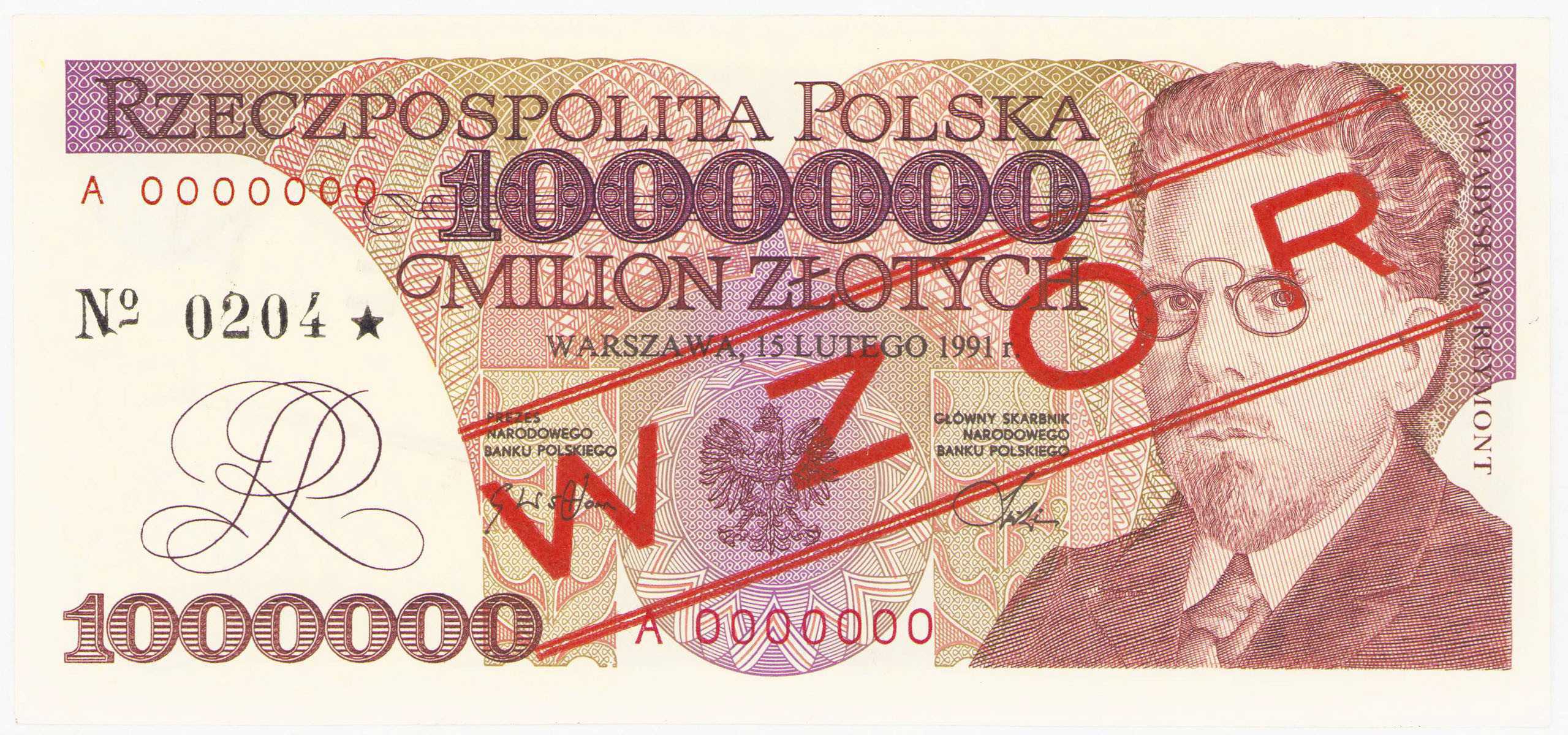 WZÓR / SPECIMEN. 1.000.000 złotych 1991 seria A | archiwum.niemczyk.pl