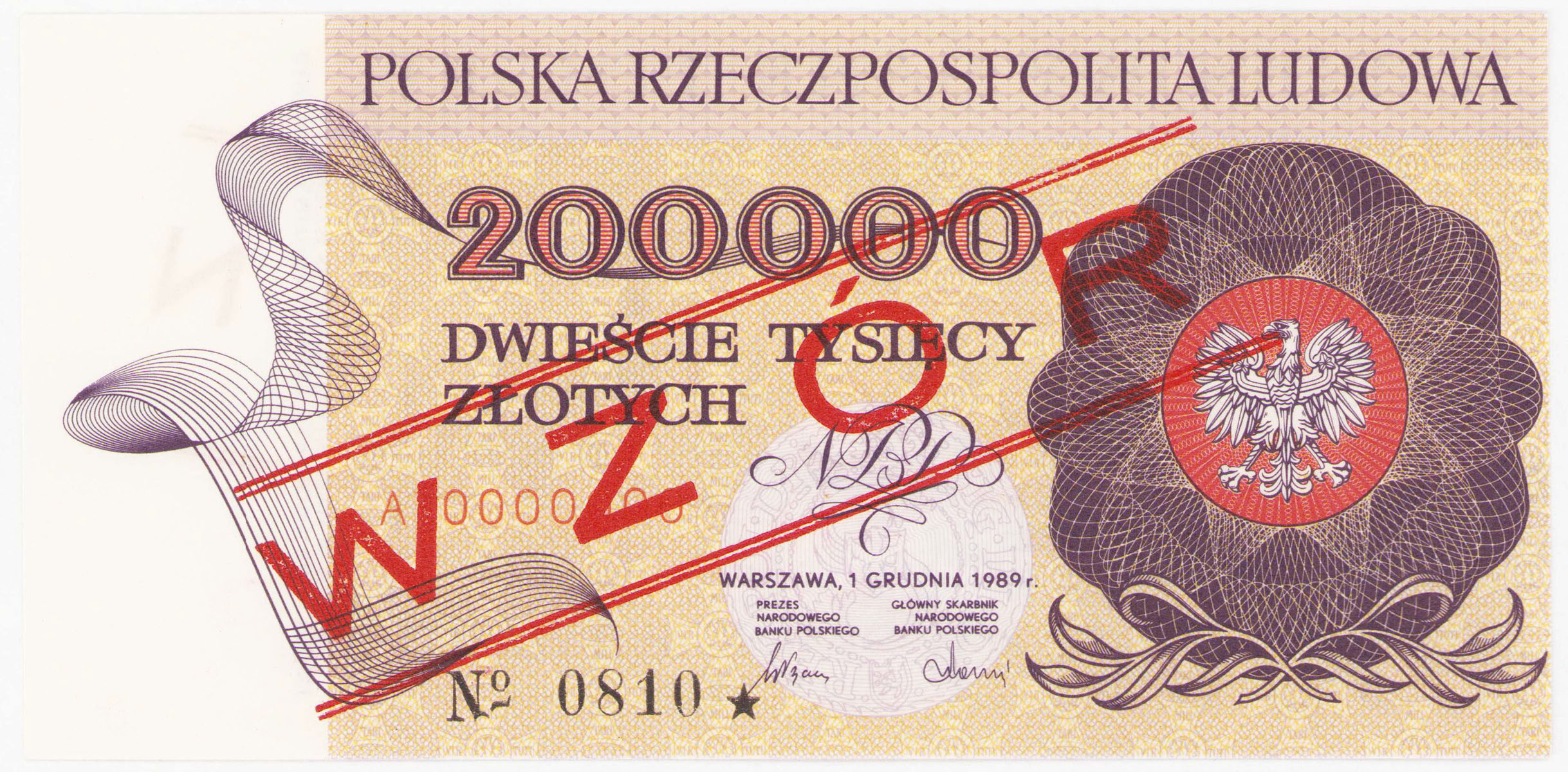 WZÓR / SPECIMEN. 200.000 złotych 1989 seria A | archiwum.niemczyk.pl