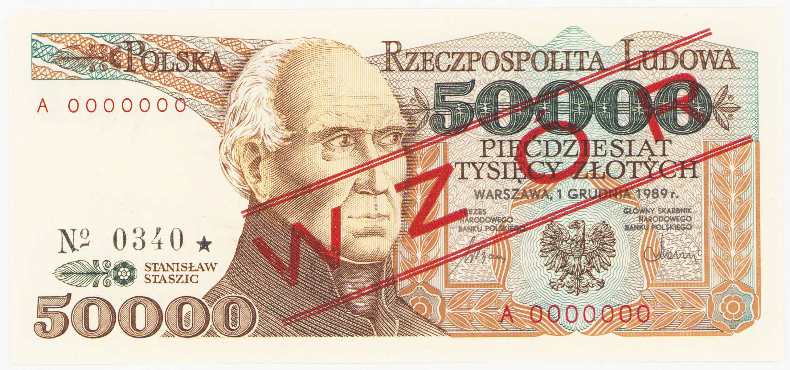 WZÓR / SPECIMEN. 50.000 złotych 1989 seria A | archiwum.niemczyk.pl