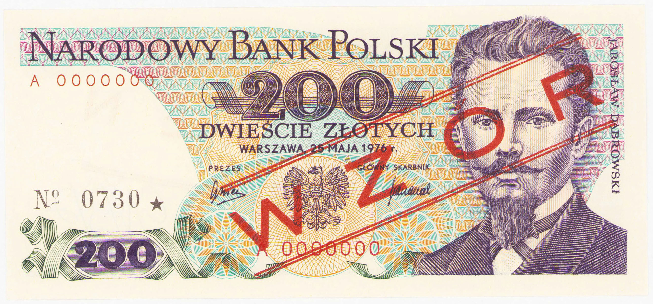 WZÓR / SPECIMEN. 200 złotych 1976 seria A | archiwum.niemczyk.pl