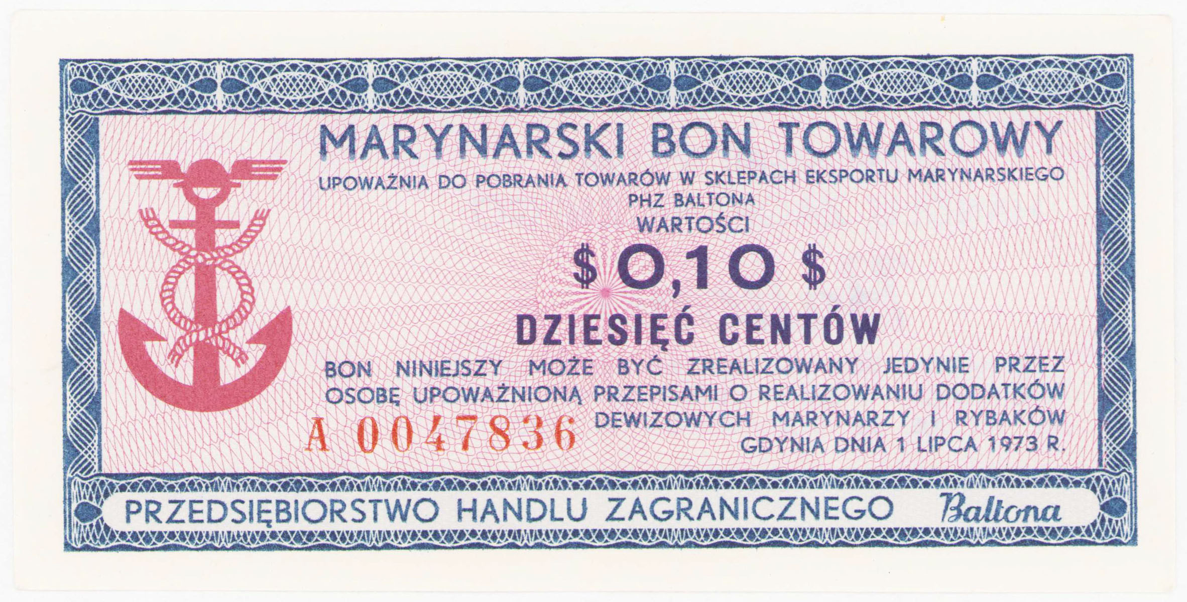 Marynarski bon towarowy na 10 centów 1973 seria A - PHZ Baltona ...