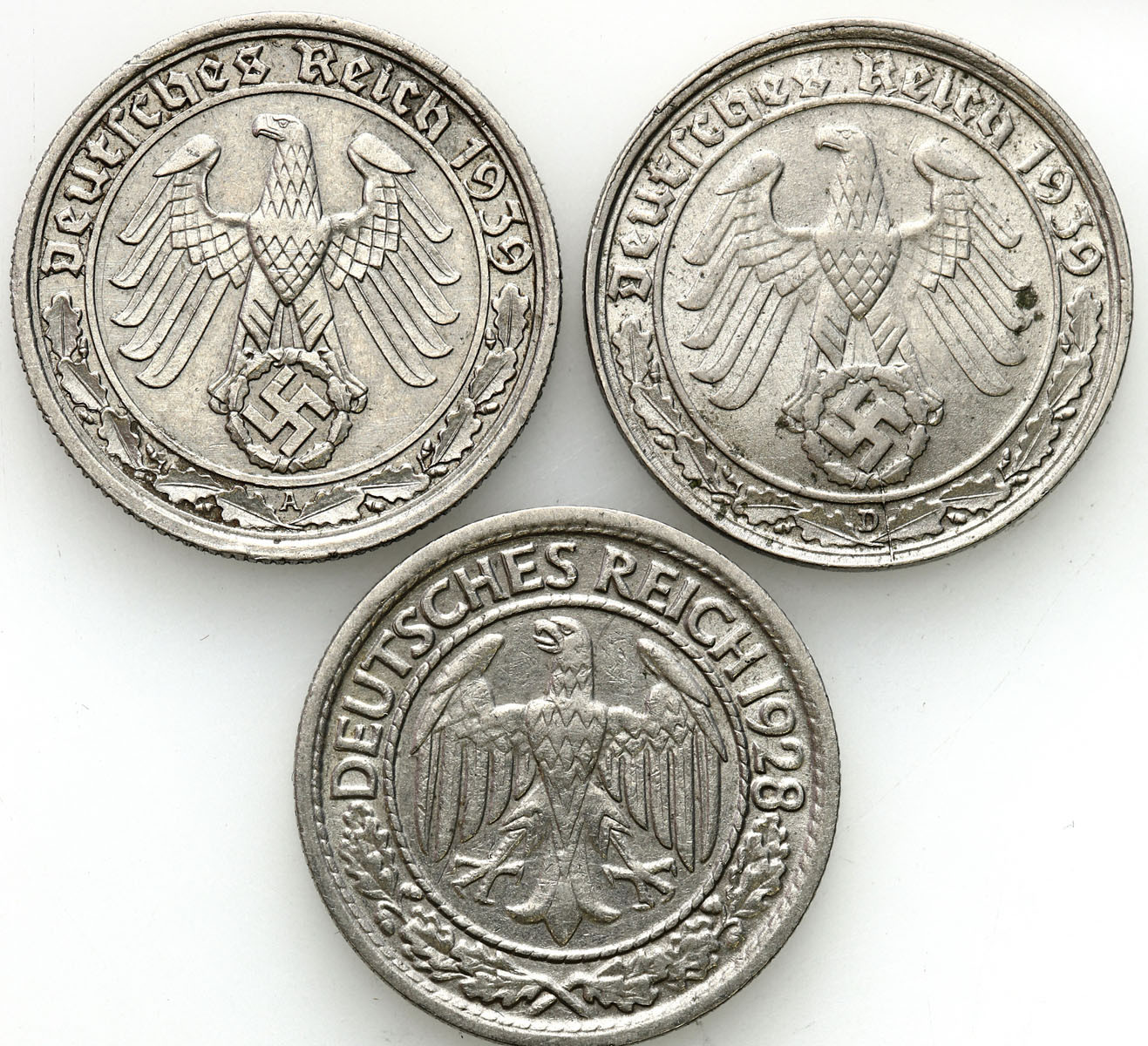 Niemcy, Weimar i III Rzesza. 50 fenigów 1928, 1939, zestaw 3 monet ...
