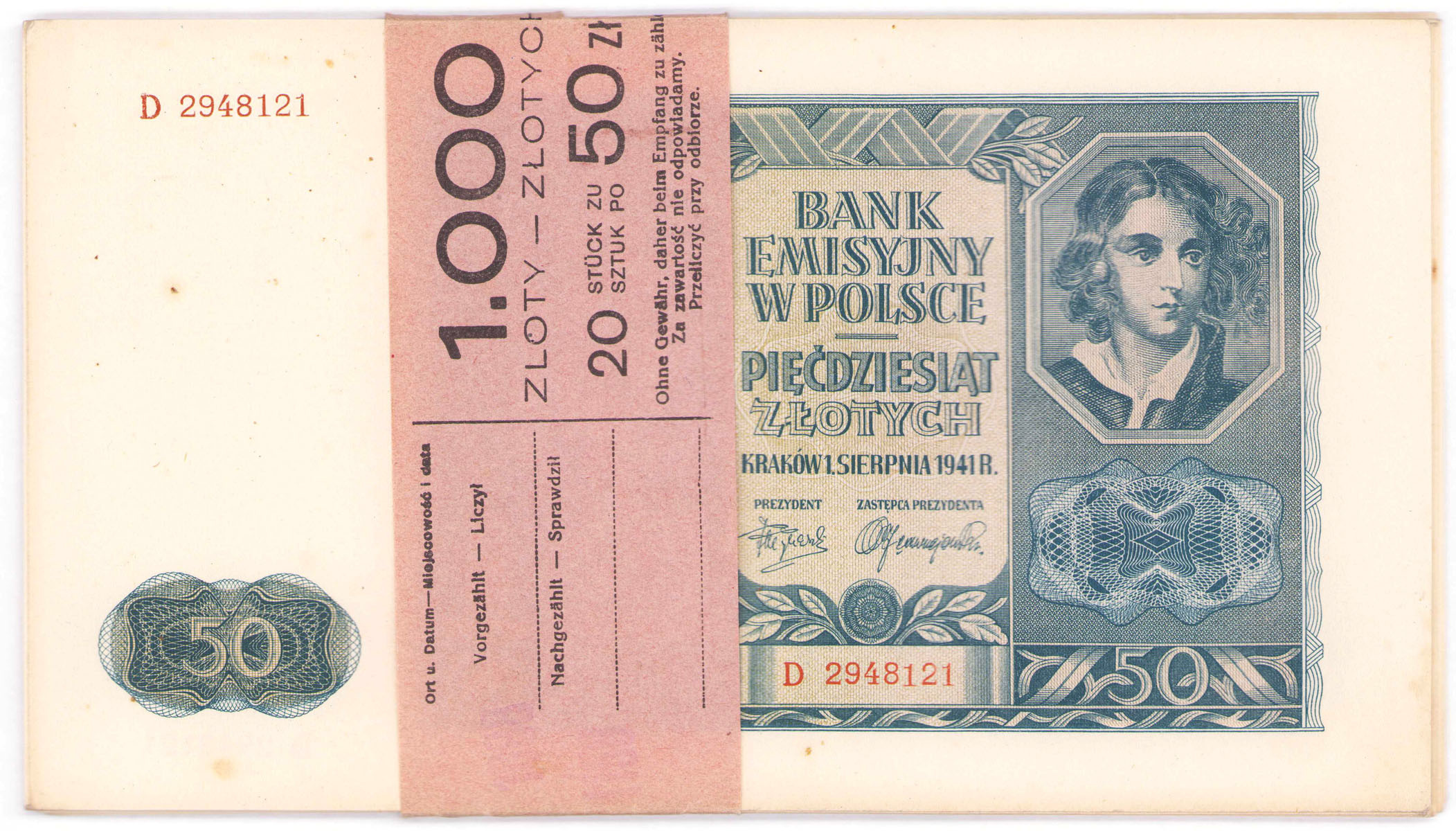 Banknoty 50 złotych 1941 - D - oryginalna paczka bankowa (20 szt ...
