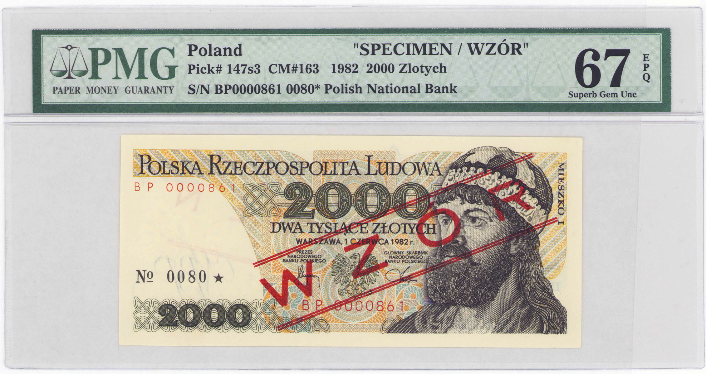 WZÓR/SPECIMEN 2.000 złotych 1982 seria BP, PMG 67 EPQ - NISKA NUMERACJA ...