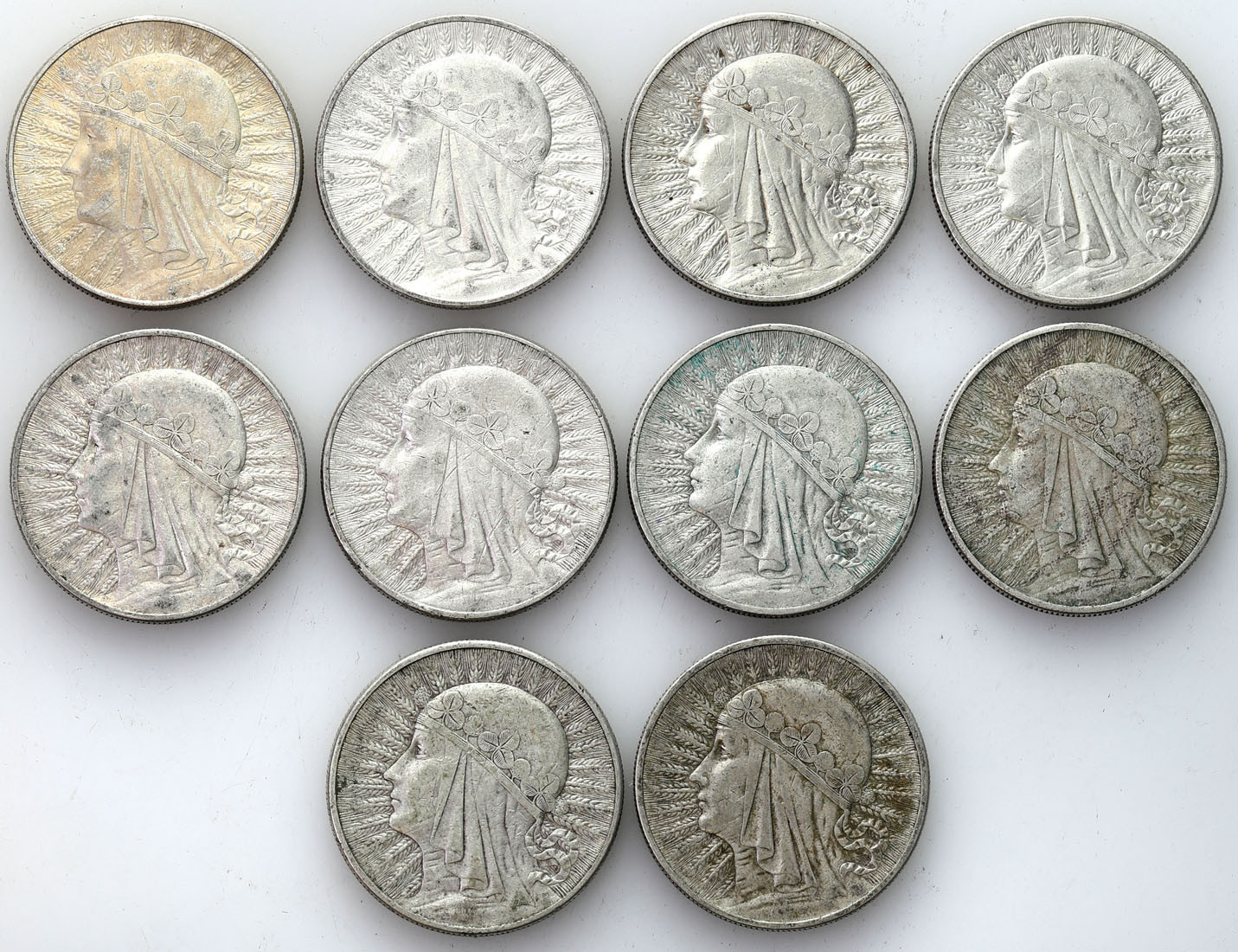 II RP. 10 złotych 1932-1933 głowa kobiety, zestaw 8 szt. | archiwum.niemczyk.pl