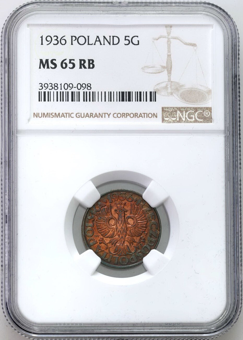 II RP. 5 groszy 1936 NGC MS65 RB (MAX) - WYŚMIENITE | archiwum.niemczyk.pl