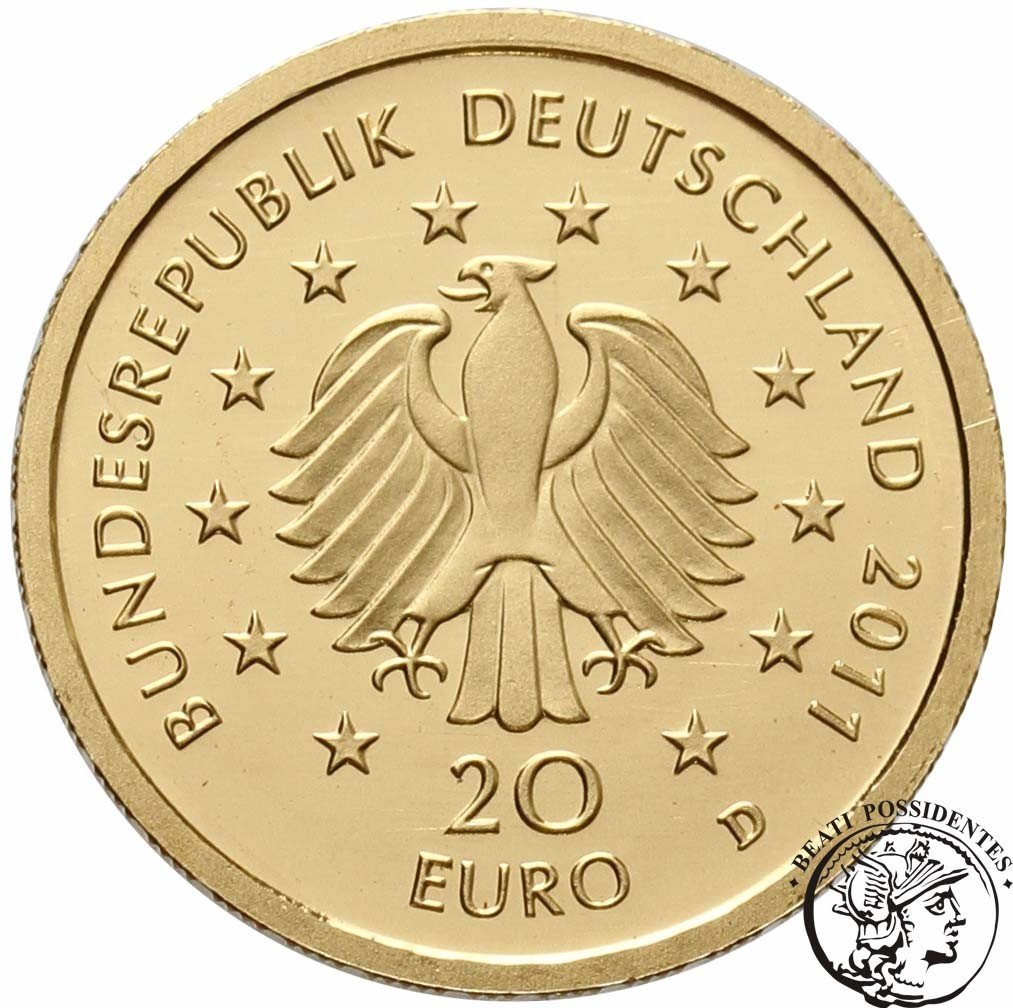 Niemcy 20 Euro 2010 Liść Buku 1/8 Oz Au st. L stempel lustrzany ...